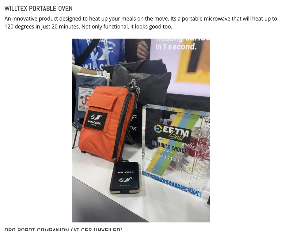 【メディア掲載】EFTM’S BEST PICKS OF CES 2024について掲載されました - お知らせ - 株式会社WILLTEX